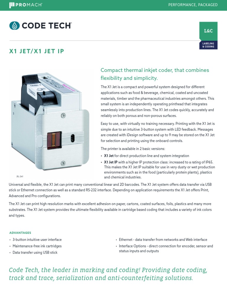 X1 Jet/X1 Jet Ip: Compact Thermal Inkjet Coder, That Combines ...