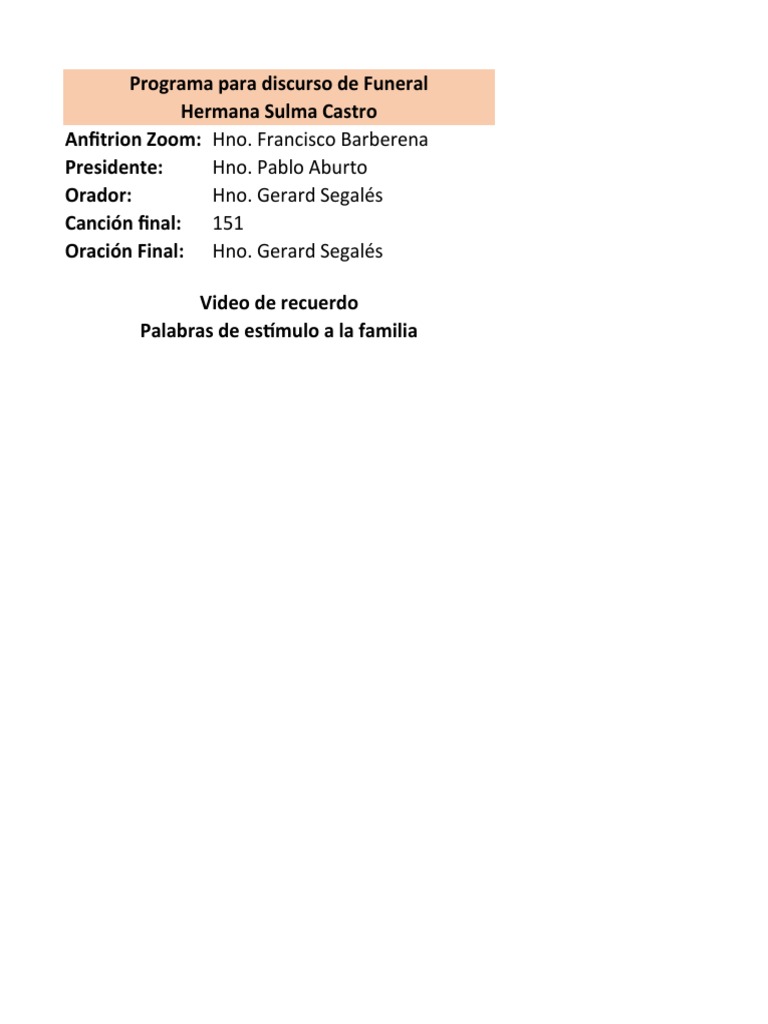 Programa de Funeral para Hermana Sulma Castro | PDF | Cocina, comidas y ...