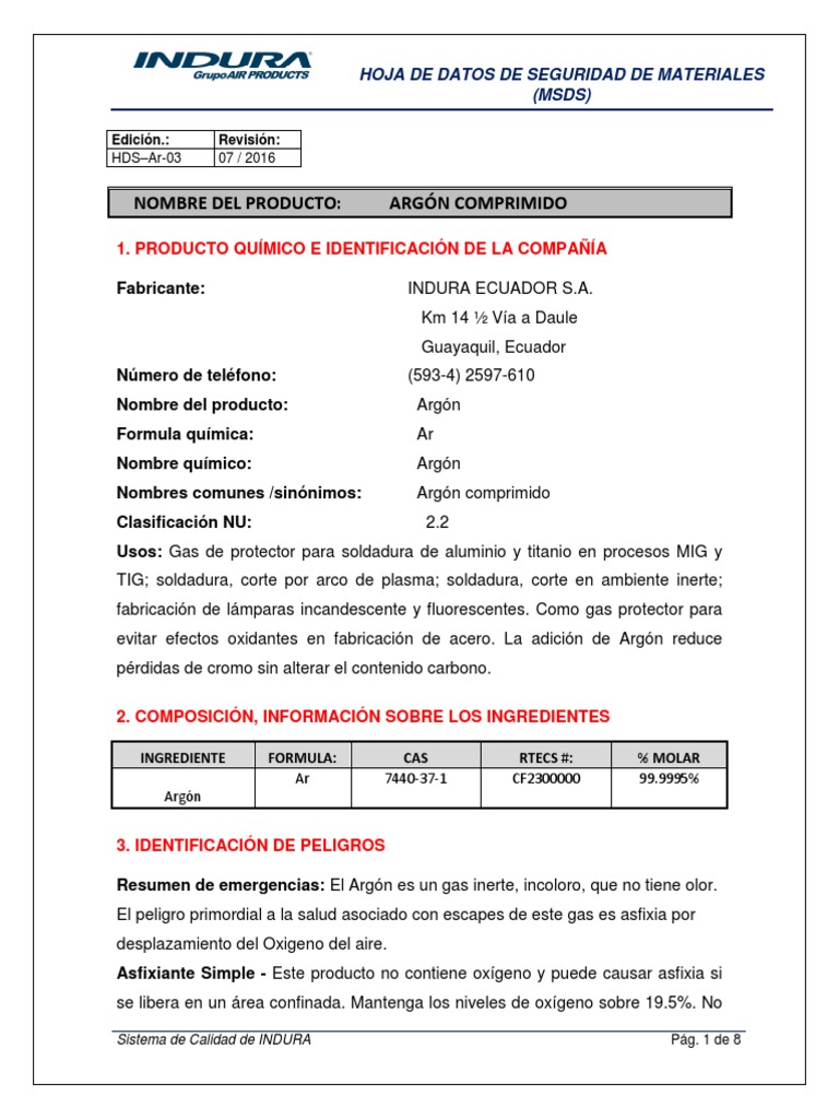 MSDS Argon | PDF | Argón | Oxígeno