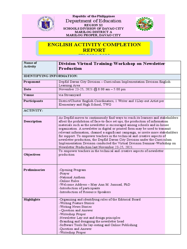 English Activity Completion SY 2021-2022: Department of Education | PDF | Behavior Modification ...