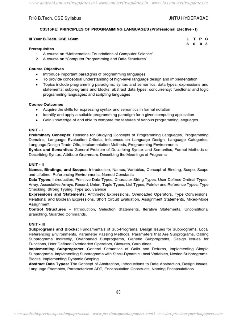 R18 Btech Cse Syllabus Jntu Hyderabad Pdf Subroutine Programming Language