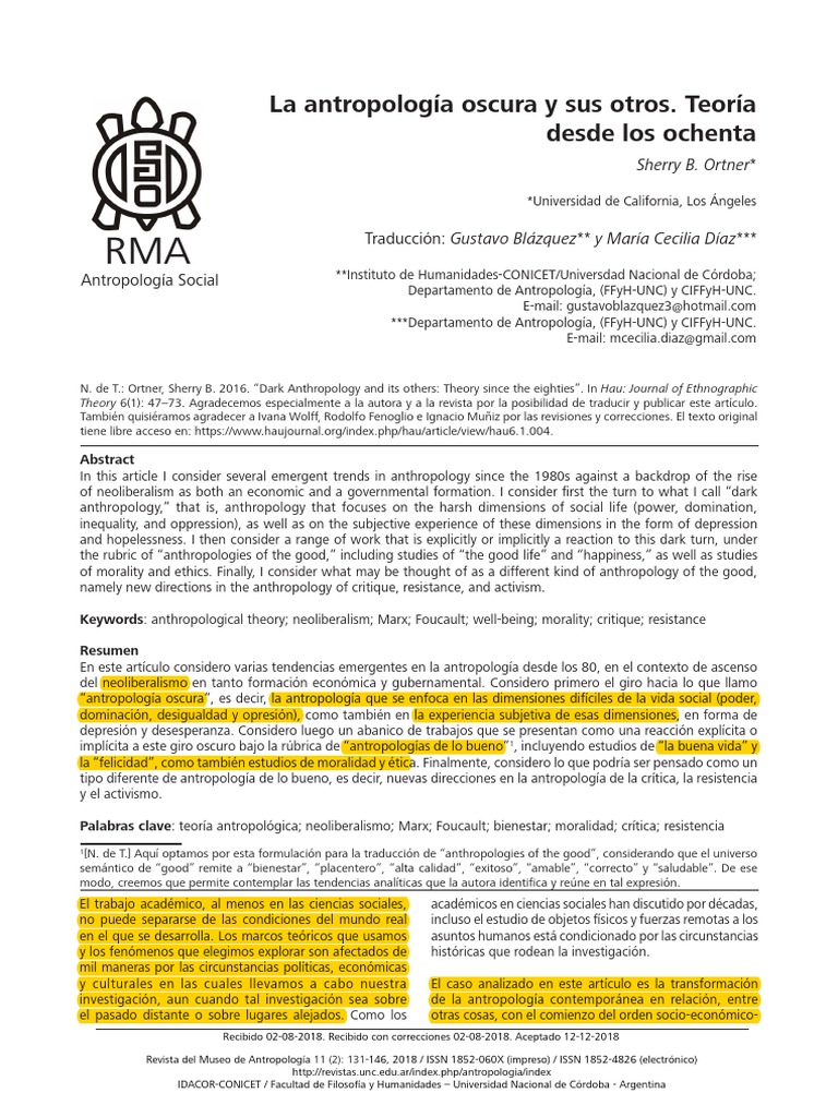Ortner La Antropologia Oscura y Sus Otros Teoria Desde Lo | Descargar ...