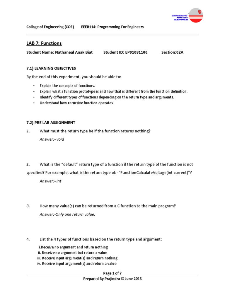 LAB 7: Functions: Student Name: Nathaneal Anak Biat Student ID: EP01081100 Section:02A | PDF ...