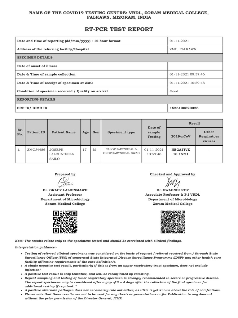 RT-PCR Test Report: Name of The Covid19 Testing Centre: VRDL, Zoram ...