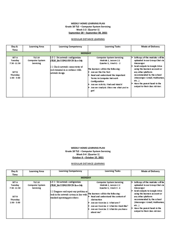 Weekly Home Learning Plan (Grade 10 - TLE - CSS) | Download Free PDF ...
