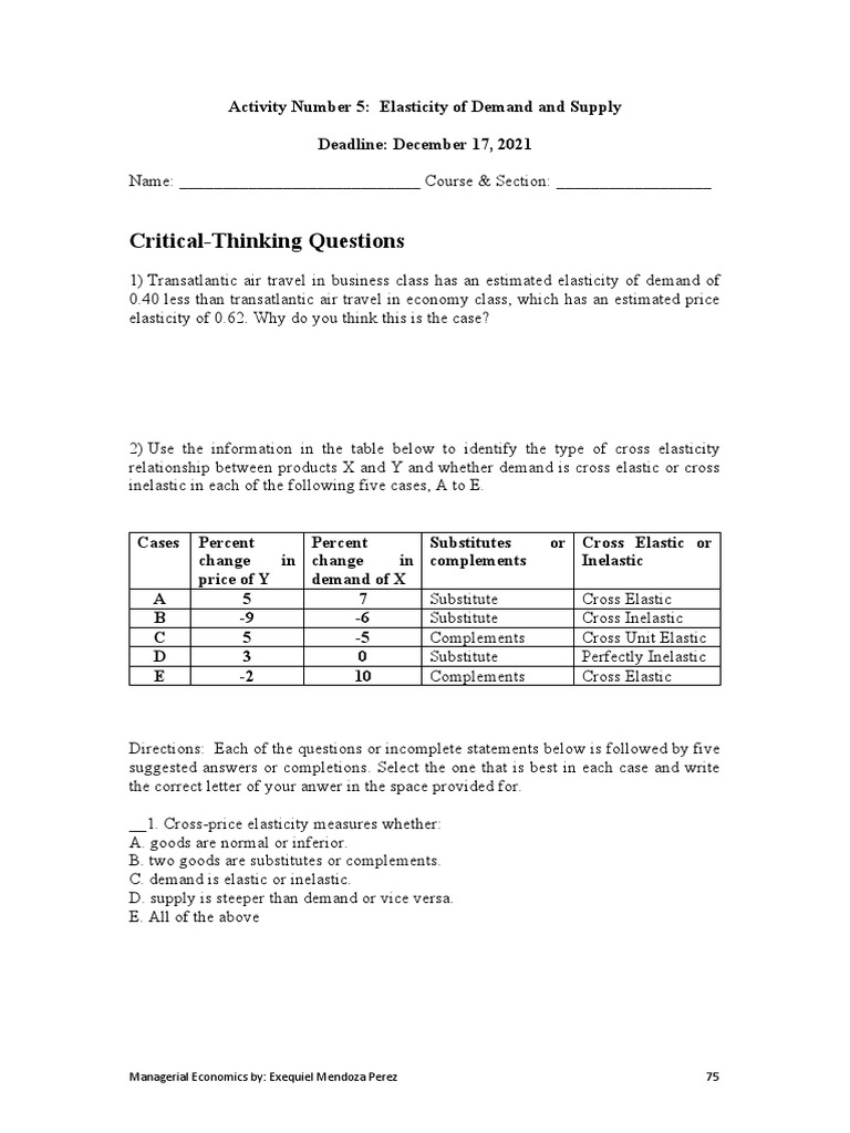 Activity Number 5 Elasticity of Demand & Supply | PDF | Demand | Price ...