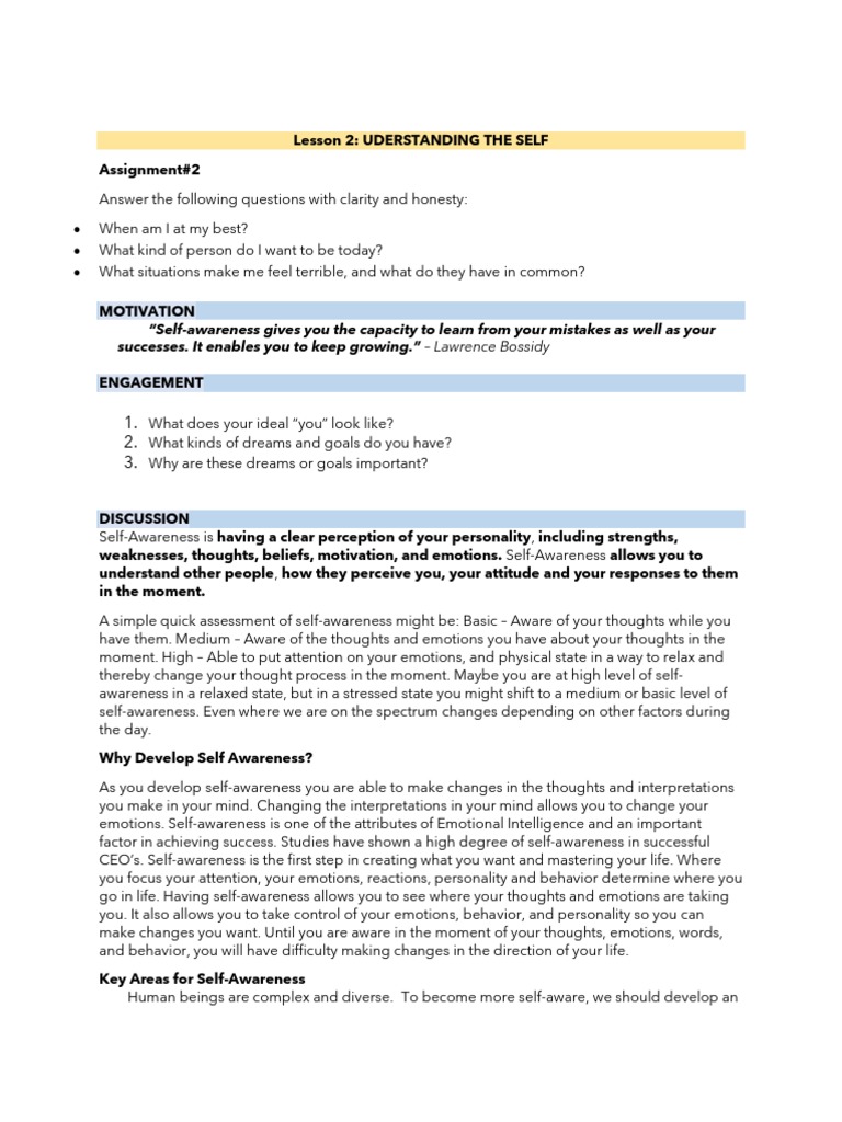 Lesson 2 UNDERSTANDING THE SELF | PDF | Self Awareness | Emotions
