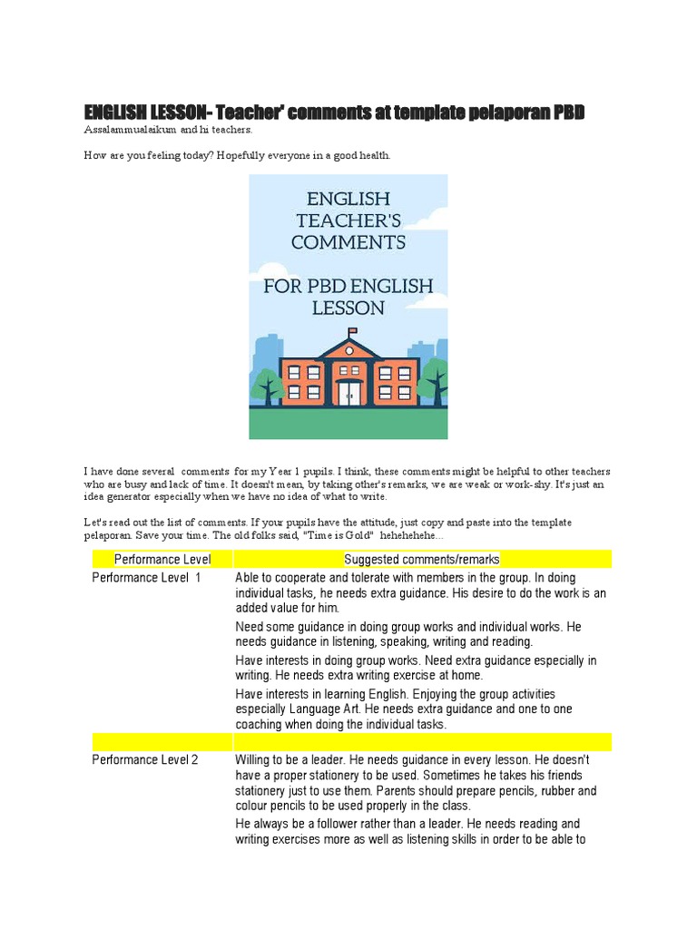 ENGLISH LESSON-Teacher' Comments at Template Pelaporan PBD | PDF ...