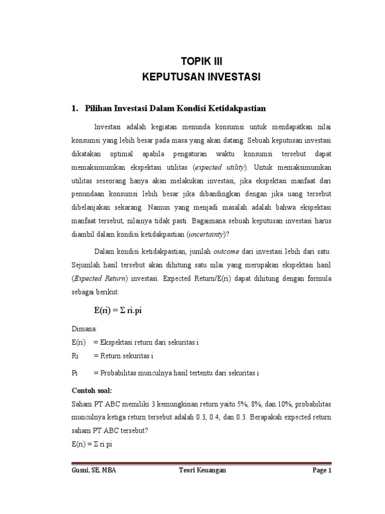 Topik III Keputusan Investasi | PDF | Pengelolaan Keuangan & Uang