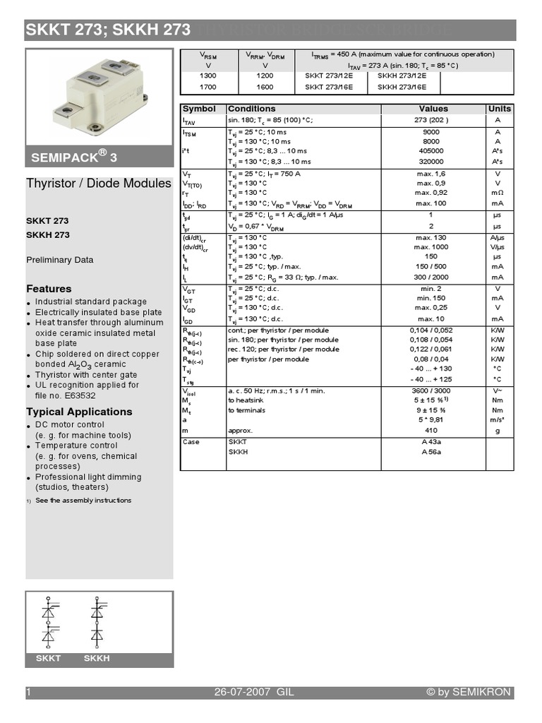 Datasheet SCR SKKT 273 12E | PDF | Rectifier | Manufactured Goods