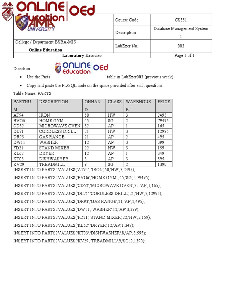 Laboratory Exercise on Creating Reports from the PARTS2 Table Using ...
