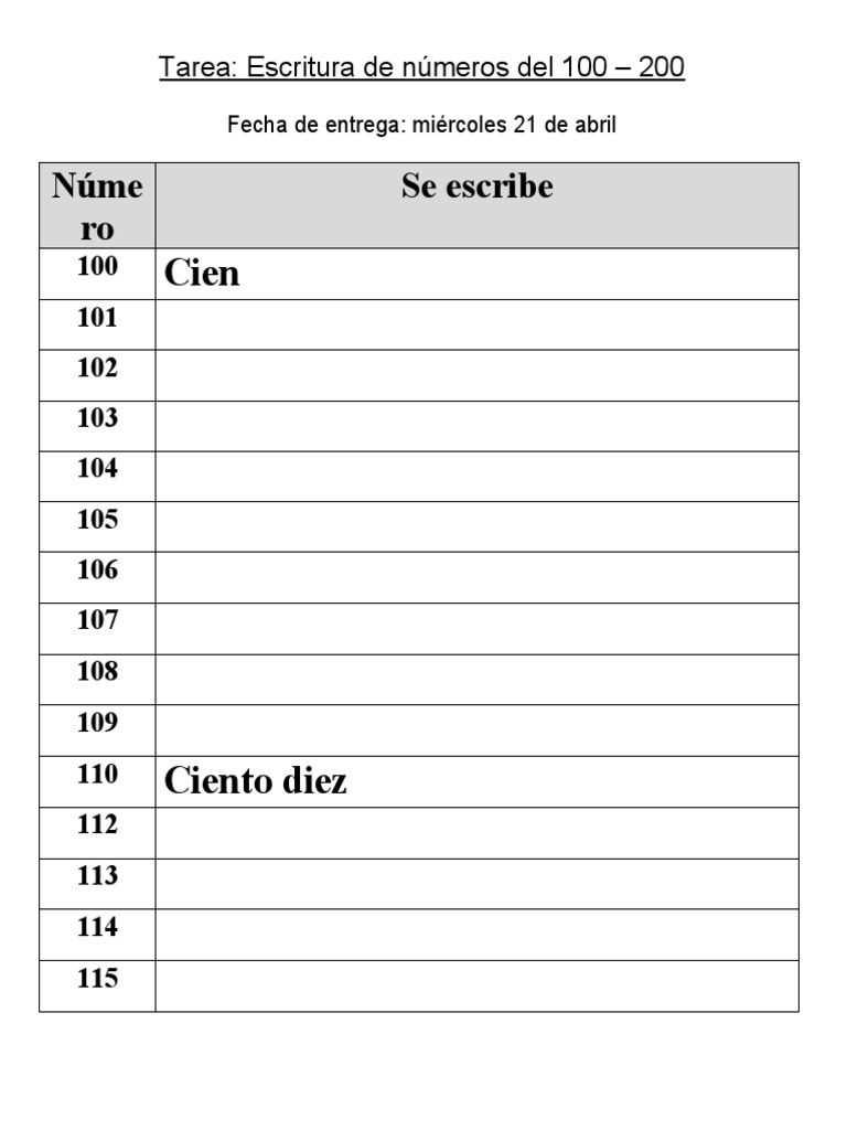 Tarea Escritura de Numeros 100 Al 200 | PDF