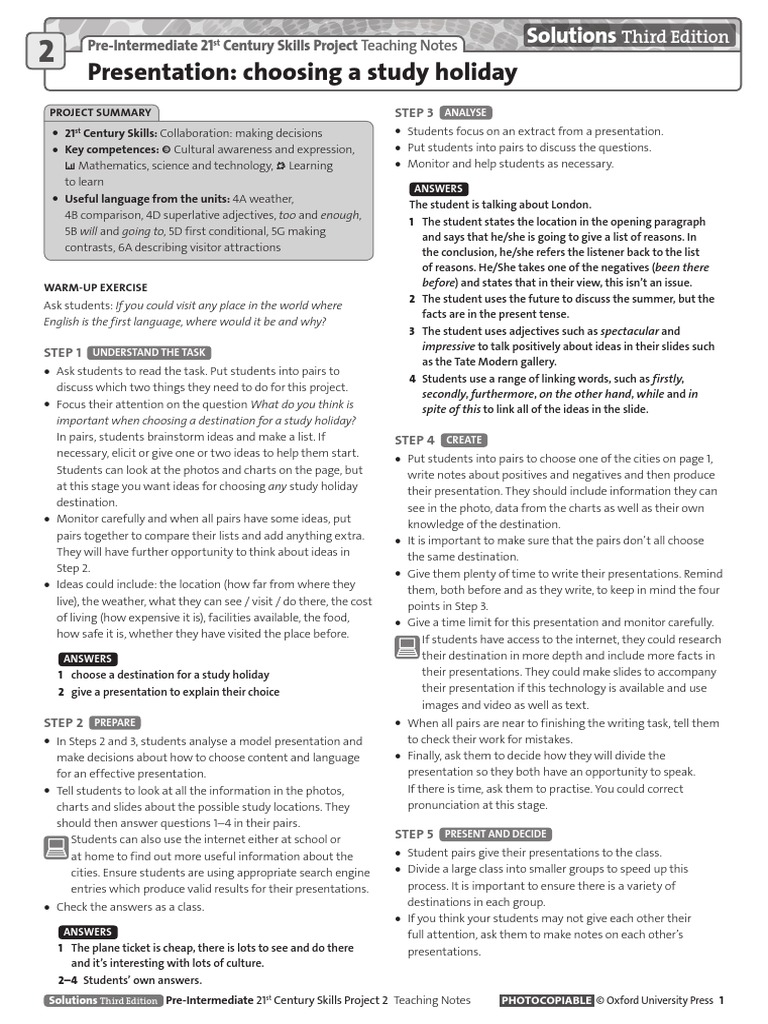 Solutions 3e Pre Intermediate Skills Project 2 Teaching Notes | PDF ...