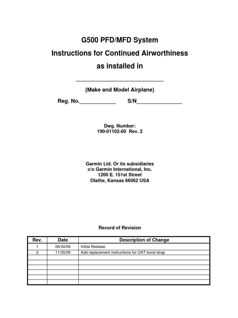 Instructions for Continued Airworthiness for the Garmin G500 PFD/MFD ...