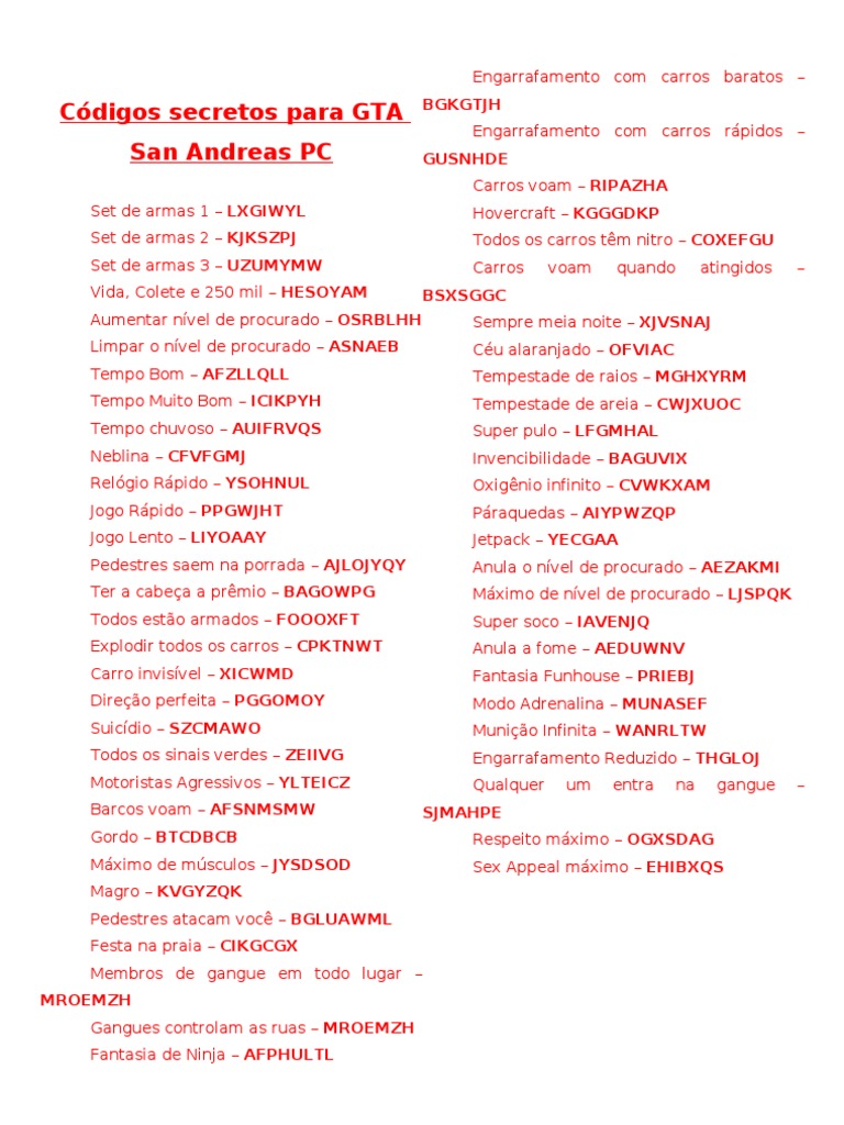 Códigos Secretos para GTA San Andreas PC | PDF
