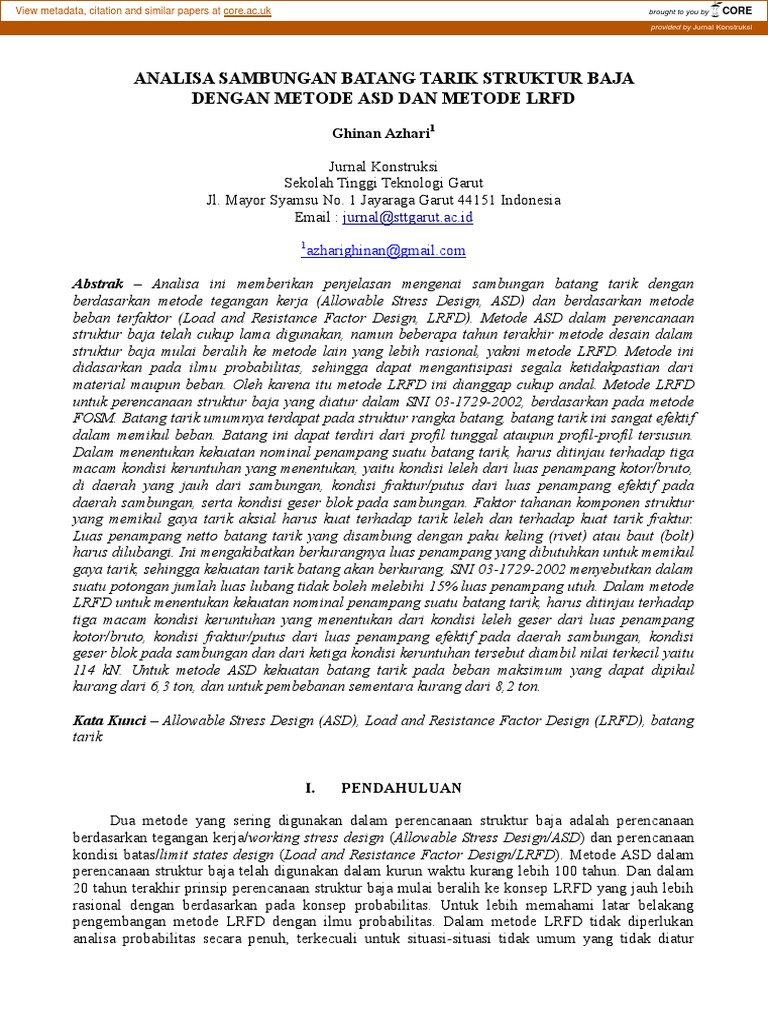 Analisa Sambungan Batang Tarik Struktur Baja Dengan Metode Asd Dan Metode LRFD | PDF