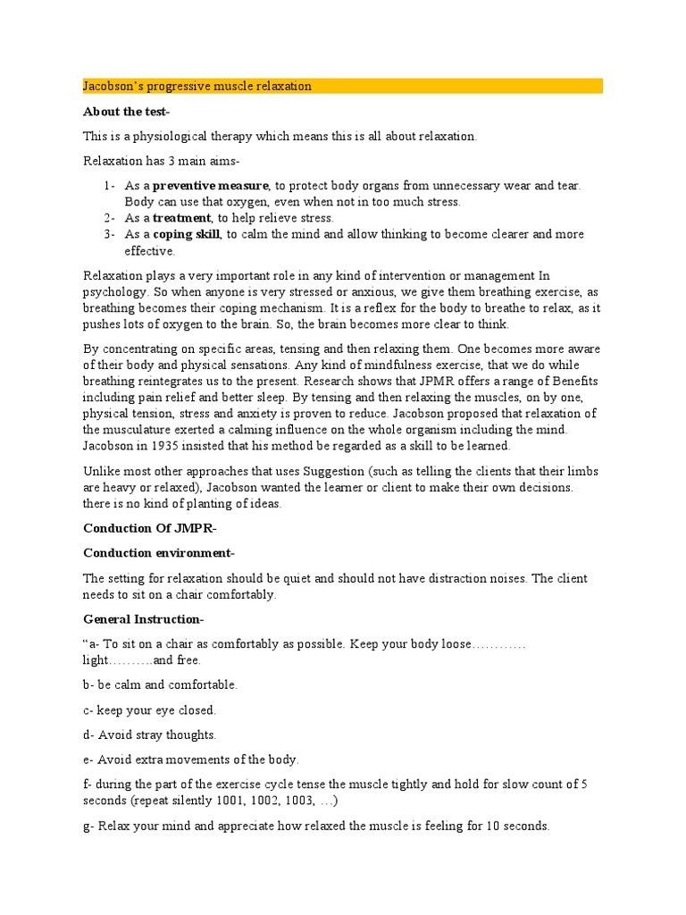 Jacobson Progressive Muscle Relaxation Technique | PDF | Relaxation ...