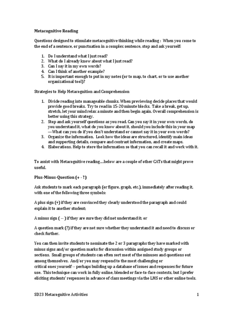 Boost Reading Comprehension with Metacognitive Strategies | PDF ...