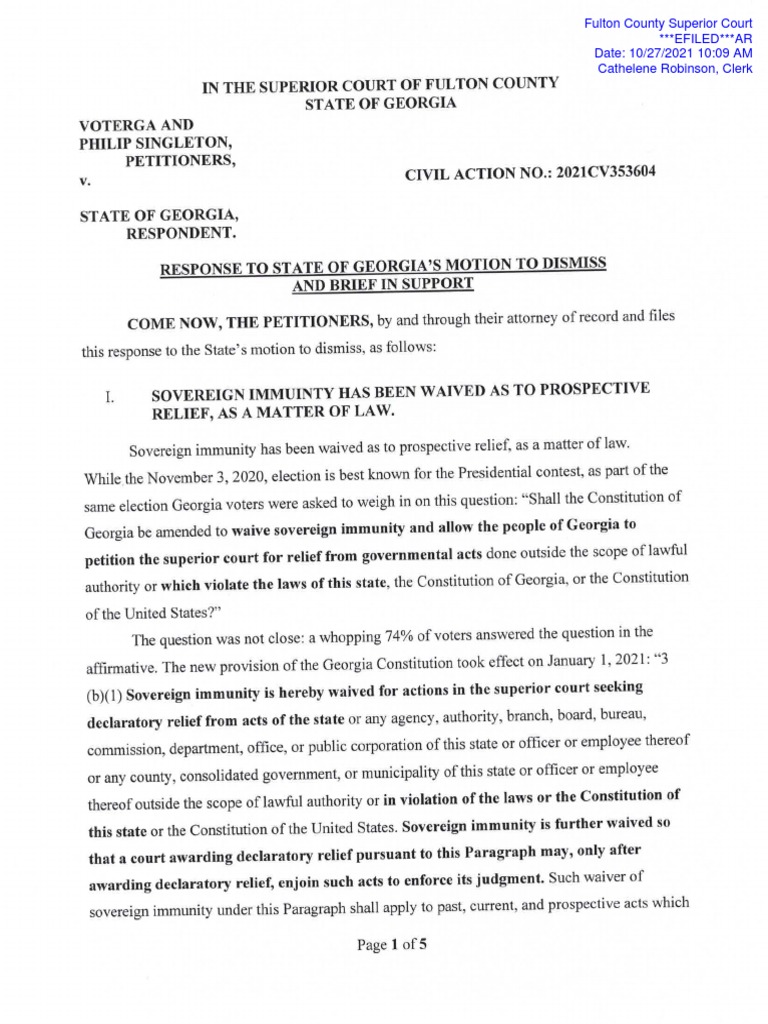 VoterGA and Philip Singleton v. State of Georgia Case No. 2021CV353604 ...