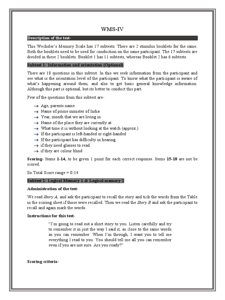 Wms-Iv: Description of The Test | PDF | Recall (Memory) | Psychology
