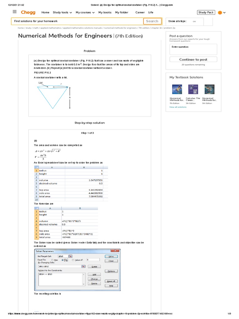 Solved - (A) Design The Optimal Conical Container (Fig. P16.2) T ...