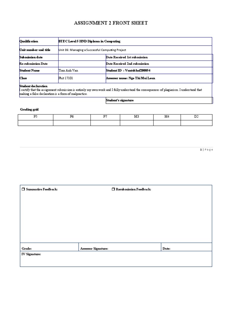 Assignment 2 Front Sheet: Qualification BTEC Level 5 HND Diploma in Computing Unit Number and ...
