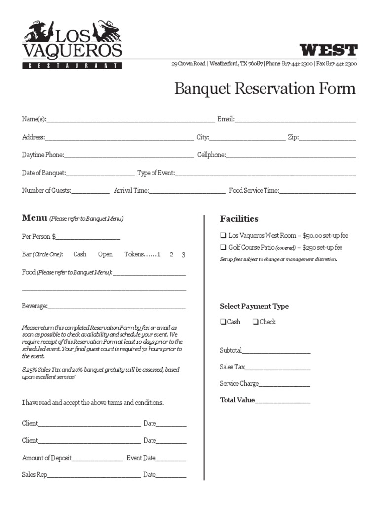 Banquet Reservation Form Template | PDF | Fee | Menu