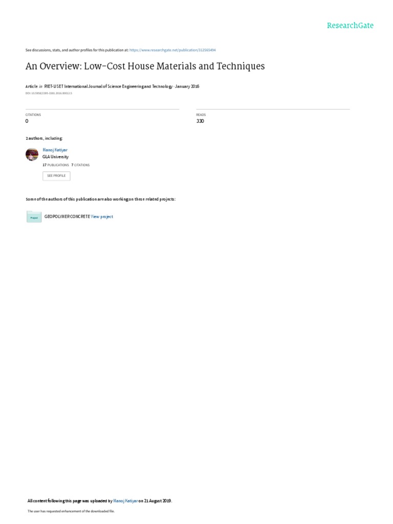 An Overview Low Cost House Materials Techniques | PDF | Brick | Concrete