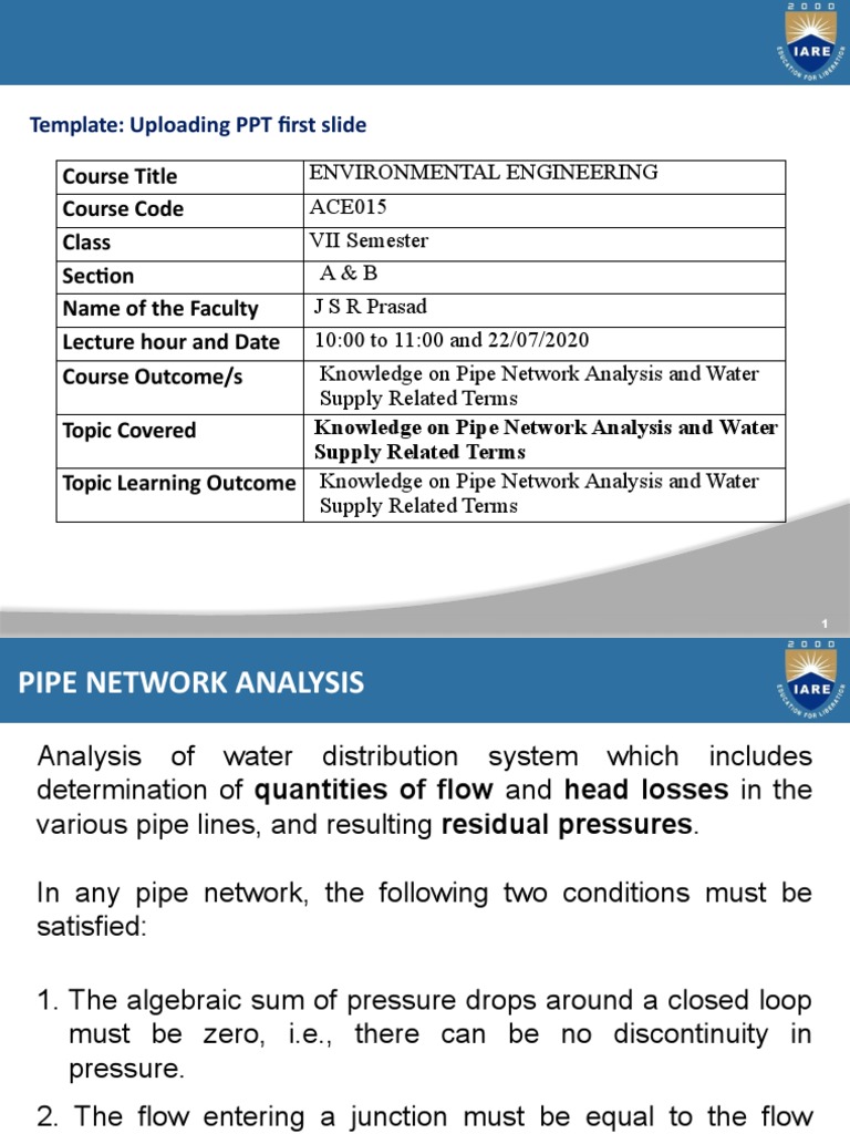 Lecture on Pipe Network Analysis and Water Supply Concepts | PDF ...