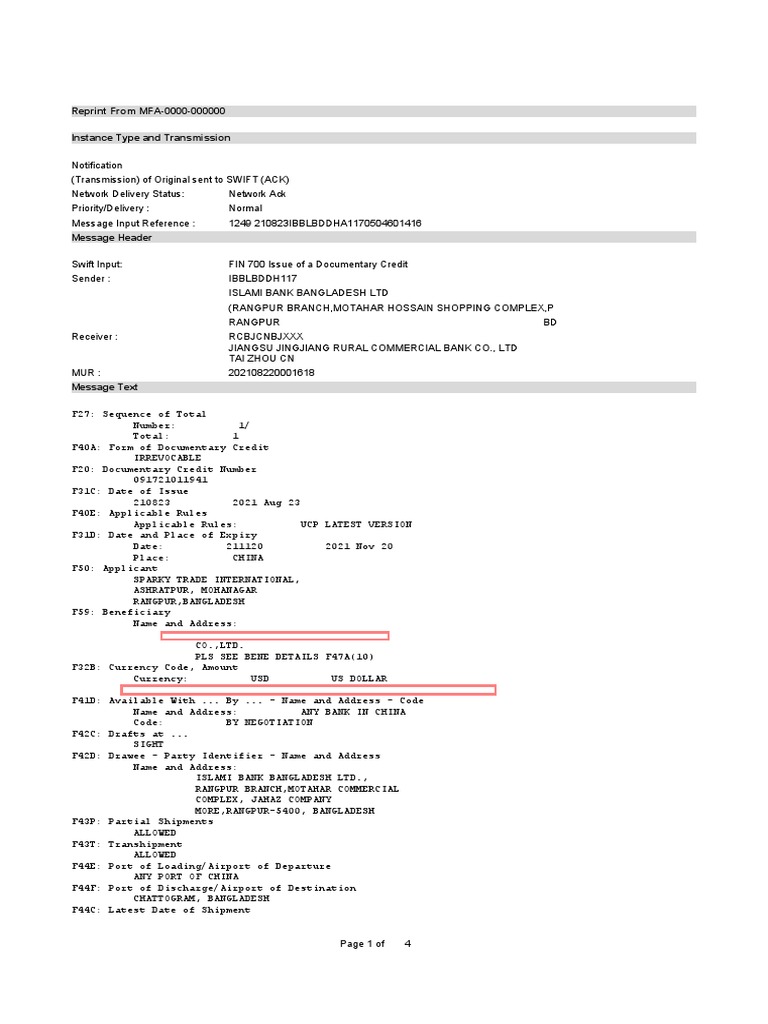 LC Issue (Swift) | PDF | Bill Of Lading | Economies