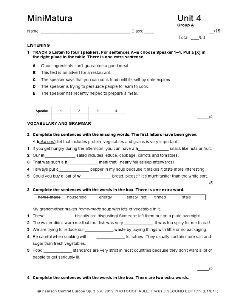 Focus3 2E MiniMatura Unit4 GroupA 1kol | PDF | Foods | Obesity