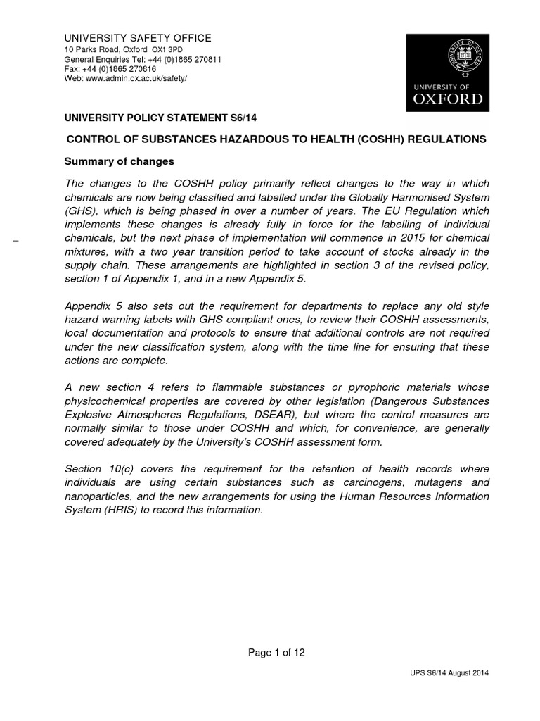 Control of Substances Hazardous To Health (Coshh) Regulations Summary ...