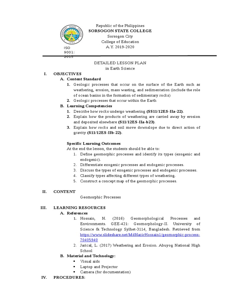 Detailed Lesson Plan Geomorphic Process 4A | PDF | Geomorphology | Rock ...