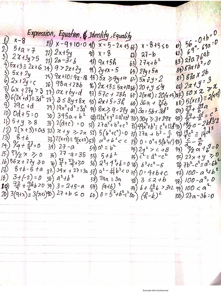 Equation, Expressions, Inequality and Identity Worksheet | PDF