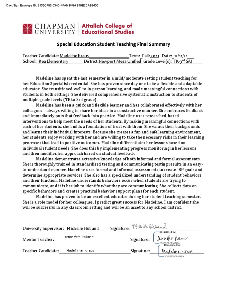 Madeline Kraus Special Education Student Teaching Summary | PDF ...