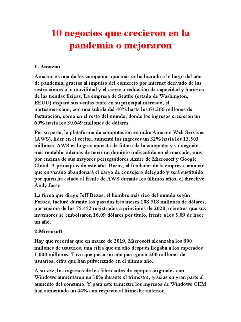 10 Negocios Que Crecieron En La Pandemia O Mejoraron Pdf Aplicación