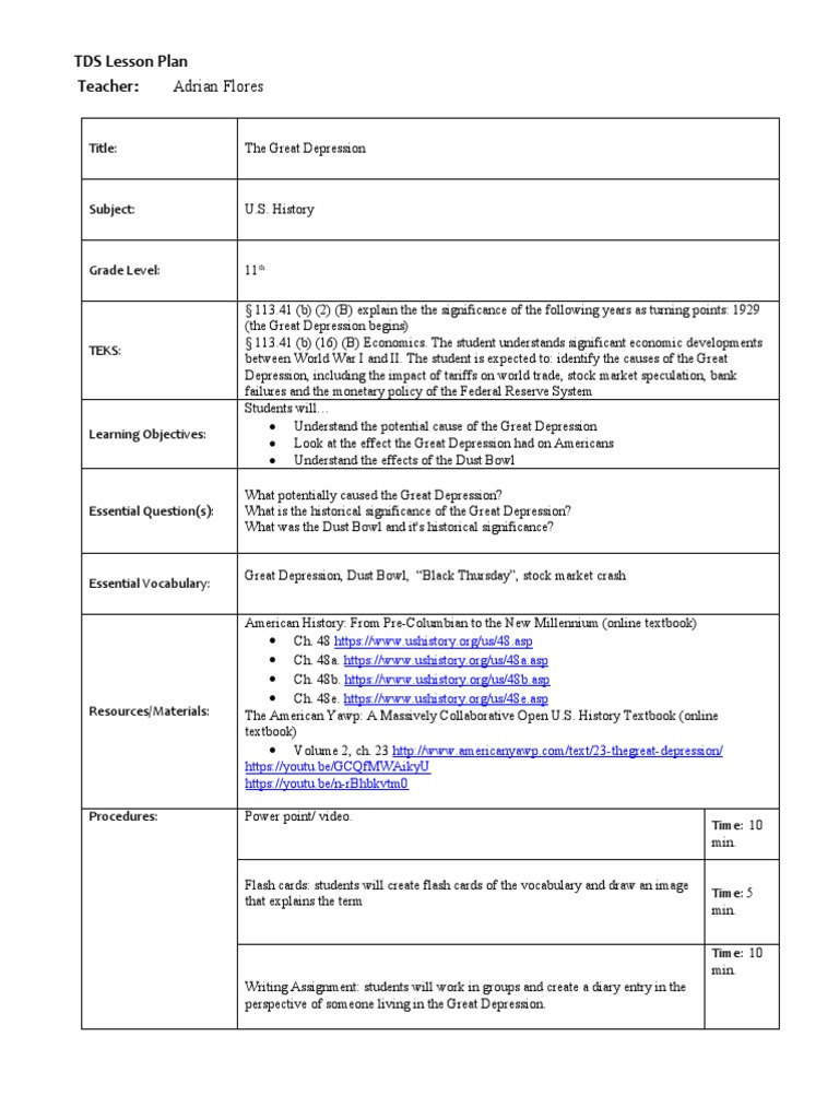 Adrian Flores: TDS Lesson Plan Teacher | PDF | Great Depression ...