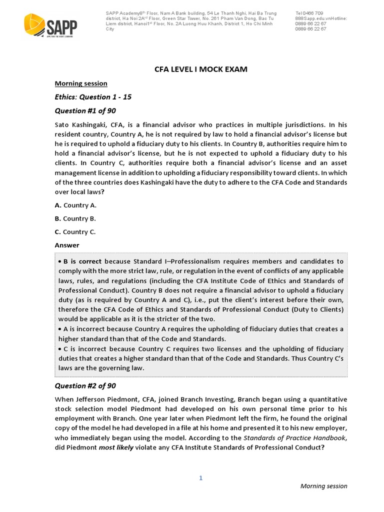 CFA Level I Mock Exam Questions | PDF | Investment Management ...