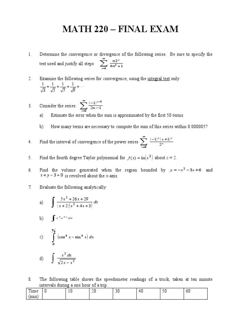 Math 1220 Calculus 2 Final Sample 2 - Summer 01 | PDF | Power Series | Mathematical Analysis