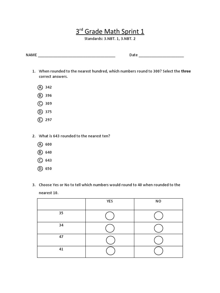 3rd Grade Math Sprint 1 | PDF