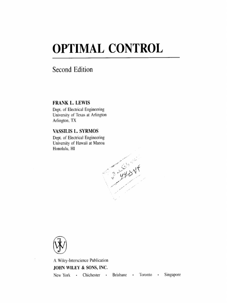 Optimal Control by Frank L. Lewis, Vassilis L. Syrmos 2nd | PDF