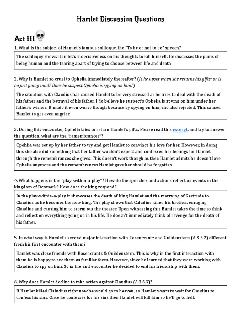 Shaan Merchant - Act 3 Hamlet Discussion Questions | PDF | Hamlet ...