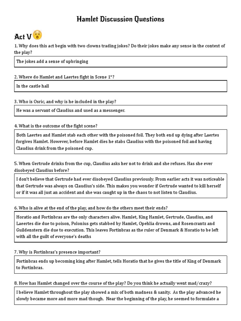 Shaan Merchant - Act 5 Hamlet Discussion Questions | PDF | Hamlet ...