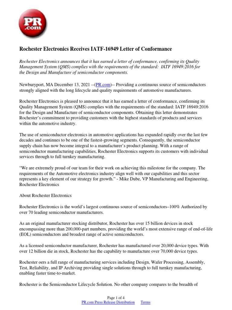 Rochester Electronics Receives IATF-16949 Letter of Conformance | PDF ...