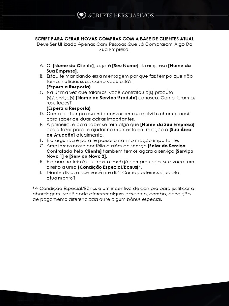 Modelo de script para reativação de clientes e oferta de novos serviços ...