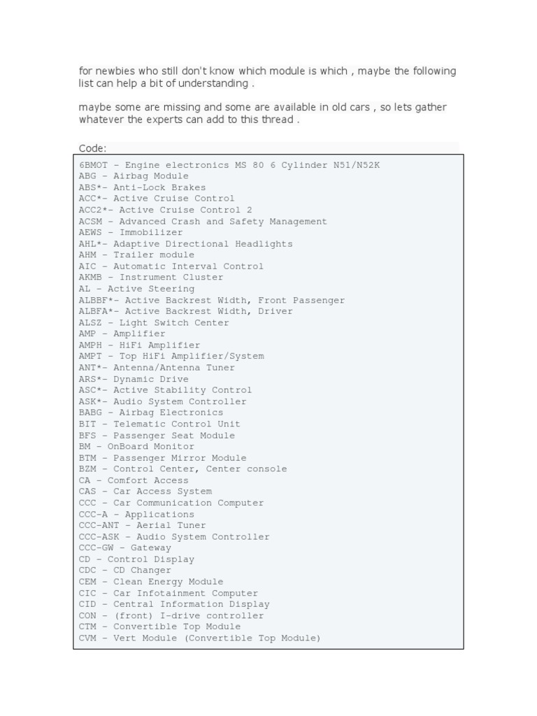 A Comprehensive List of BMW Module Acronyms and Descriptions for ...
