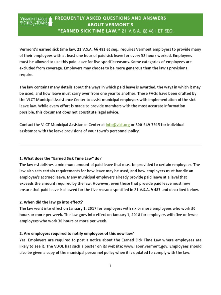 Vermont Earned Sick Time Law FAQs | PDF | Employment | Overtime