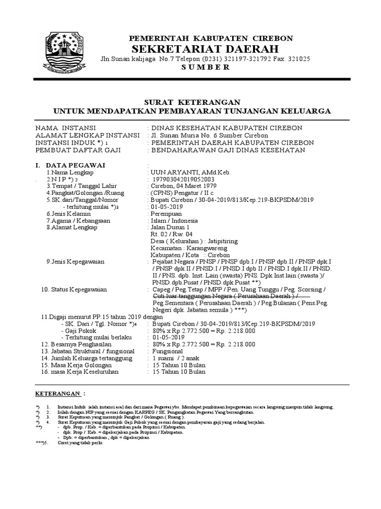 Surat Keterangan Tunjangan Keluarga Cirebon | PDF