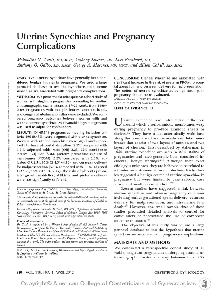 Uterine Synechiae and Pregnancy Complications | PDF | Preterm Birth ...