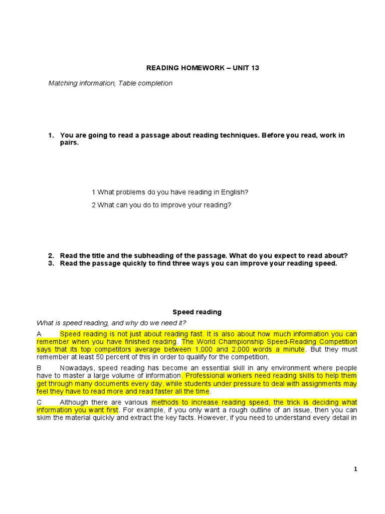 Reading Unit 13 - HW | PDF | Speed Reading | Behavior Modification
